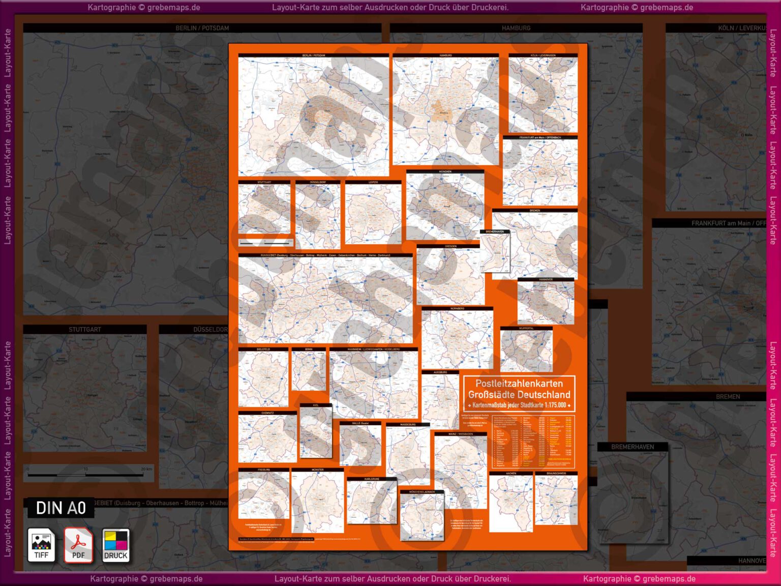 Deutschland Layout-Karte Postleitzahlenkarten Großstädte Städte PLZ 5 ...