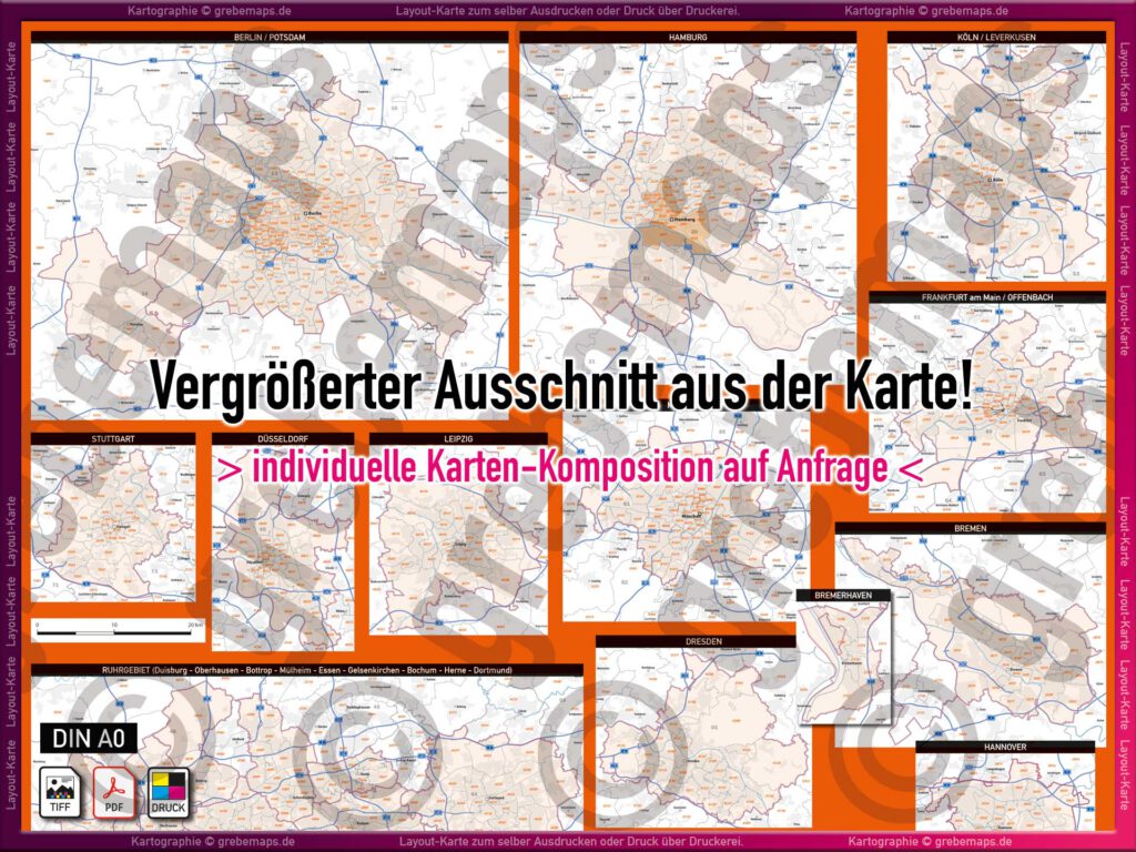 Deutschland Layout-Karte Postleitzahlenkarten Großstädte Städte PLZ 5 ...