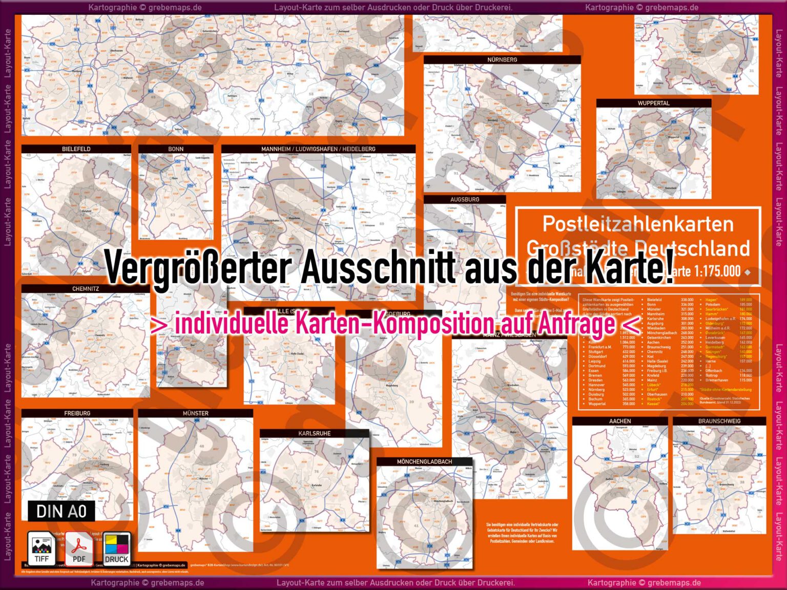 Deutschland Layout-Karte Postleitzahlenkarten Großstädte Städte PLZ 5 ...