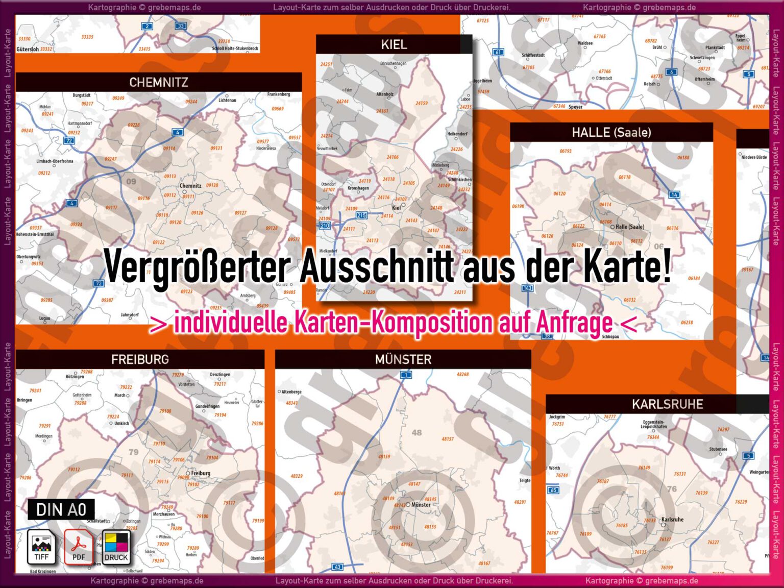 Deutschland Layout-Karte Postleitzahlenkarten Großstädte Städte PLZ 5 ...