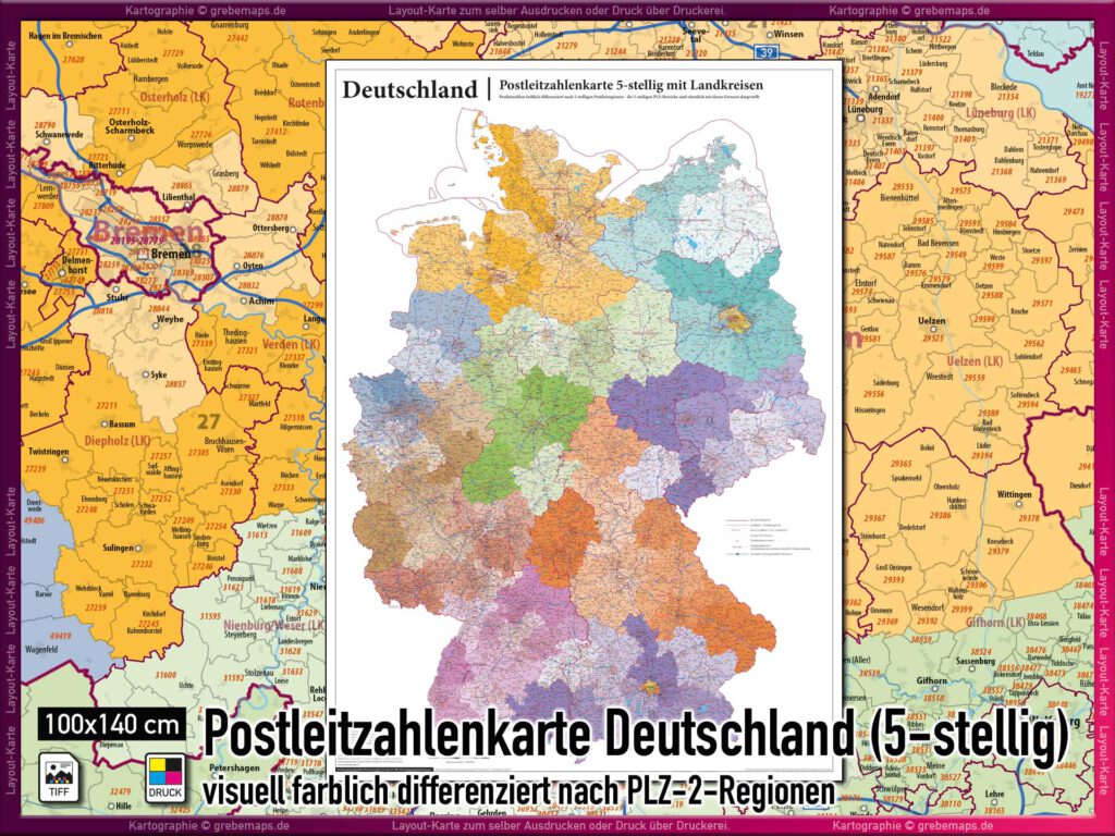 Deutschland Layout-Karte Postleitzahlenkarte PLZ 5-stellig nach PLZ-2-Regionen farblich ...