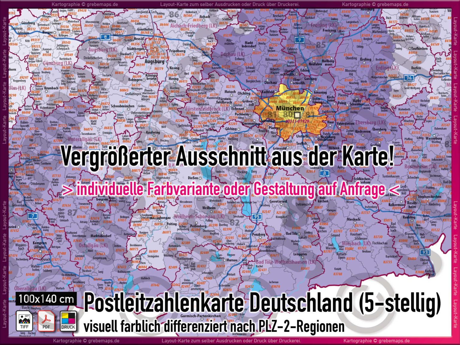 Deutschland Layout-Karte Postleitzahlenkarte PLZ 5-stellig nach PLZ-2 ...