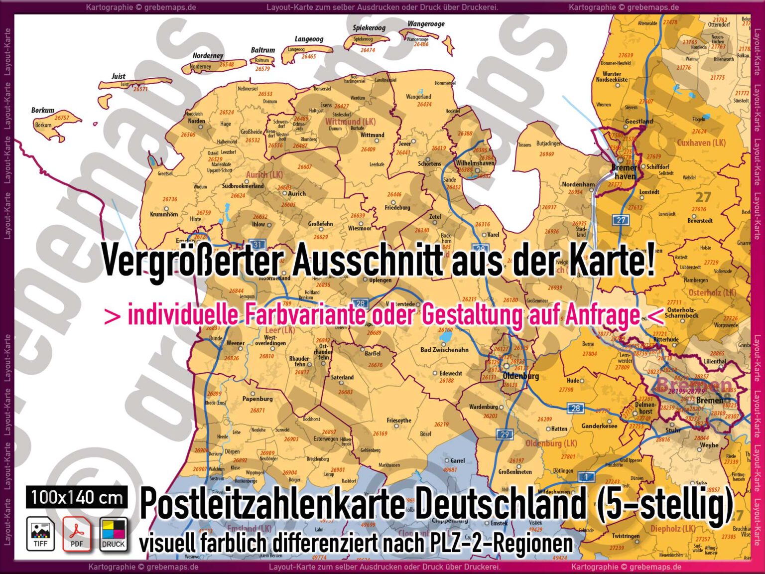 Deutschland Layout-Karte Postleitzahlenkarte PLZ 5-stellig nach PLZ-2 ...