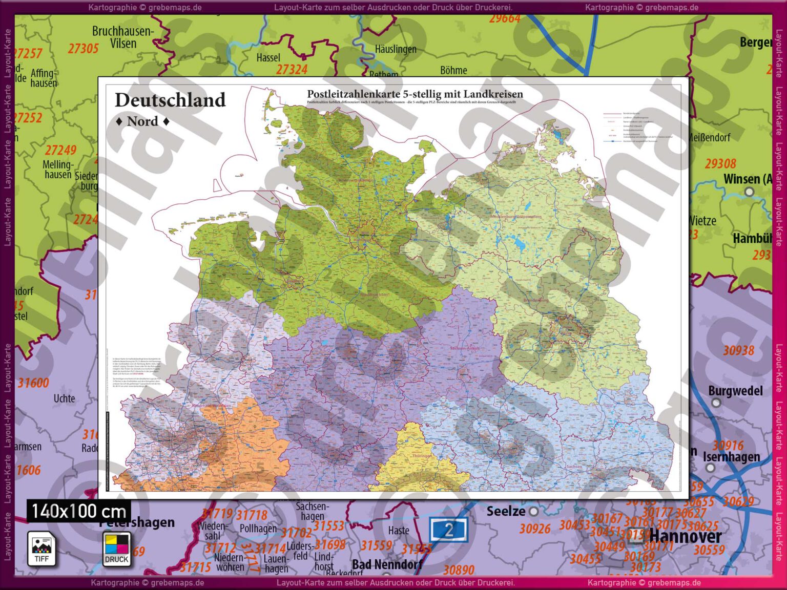 Deutschland (Nord) Layout-Karte Postleitzahlenkarte PLZ 5-stellig ...