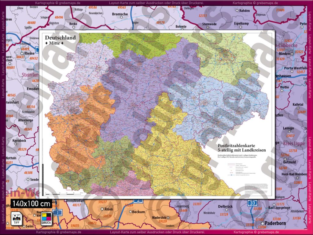 Deutschland (Mitte) Layout-Karte Postleitzahlenkarte PLZ 5-stellig ...