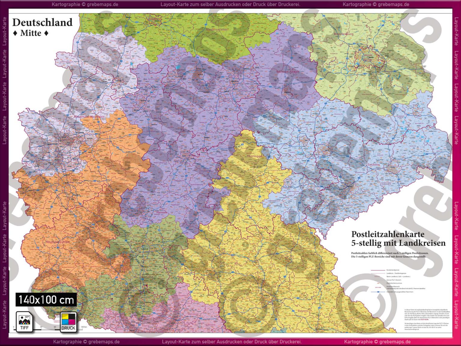 Deutschland (Mitte) Layout-Karte Postleitzahlenkarte PLZ 5-stellig ...