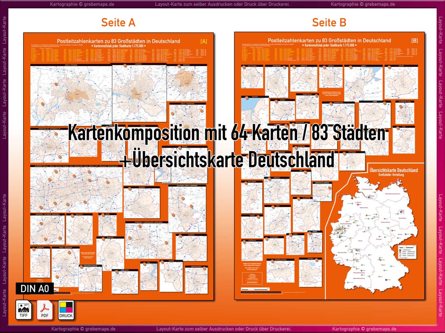 Deutschland Layout-Karte Postleitzahlenkarten zu 83 Großstädten PLZ 5 ...