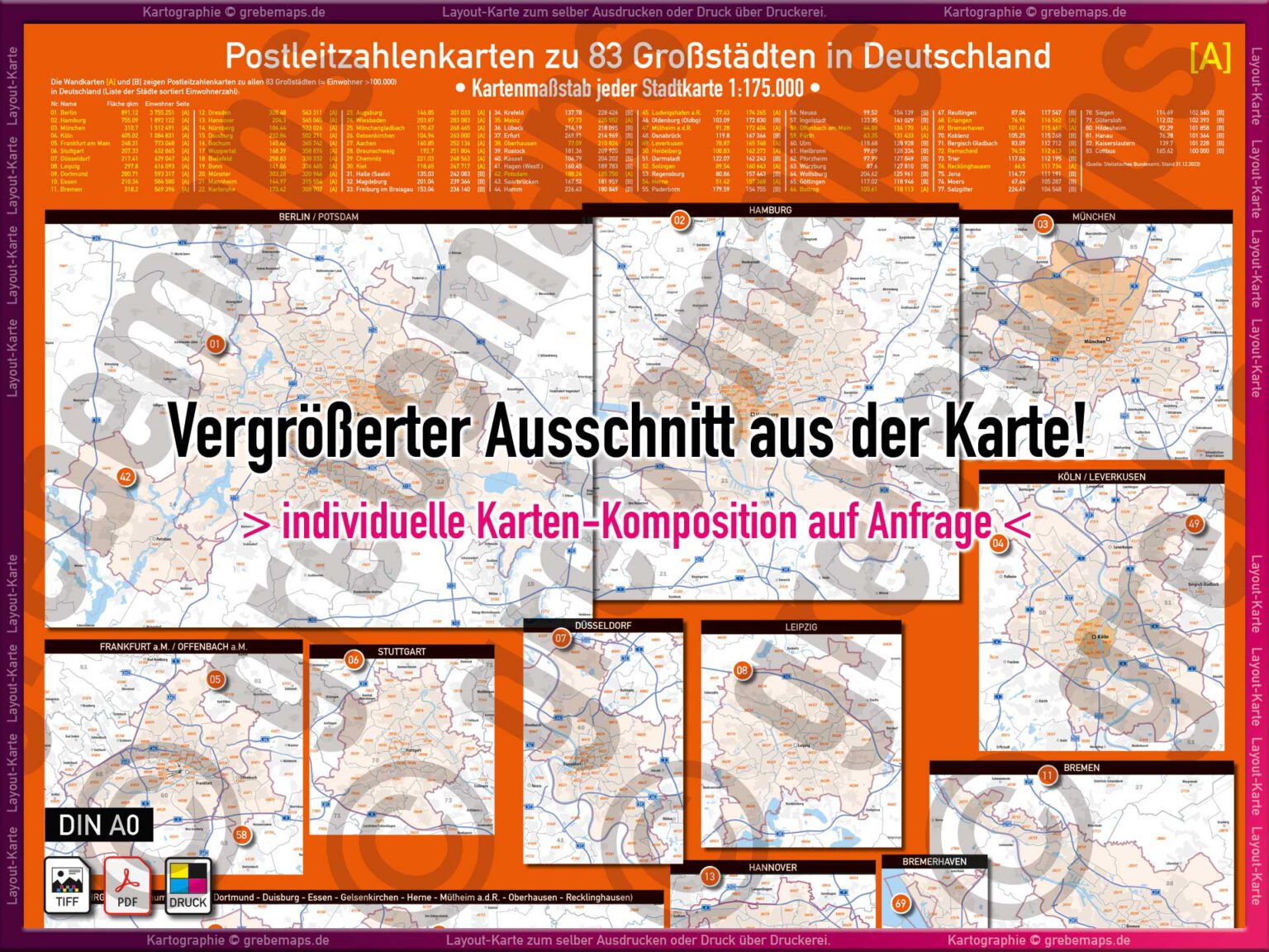 Deutschland Layout-Karte Postleitzahlenkarten zu 83 Großstädten PLZ 5 ...