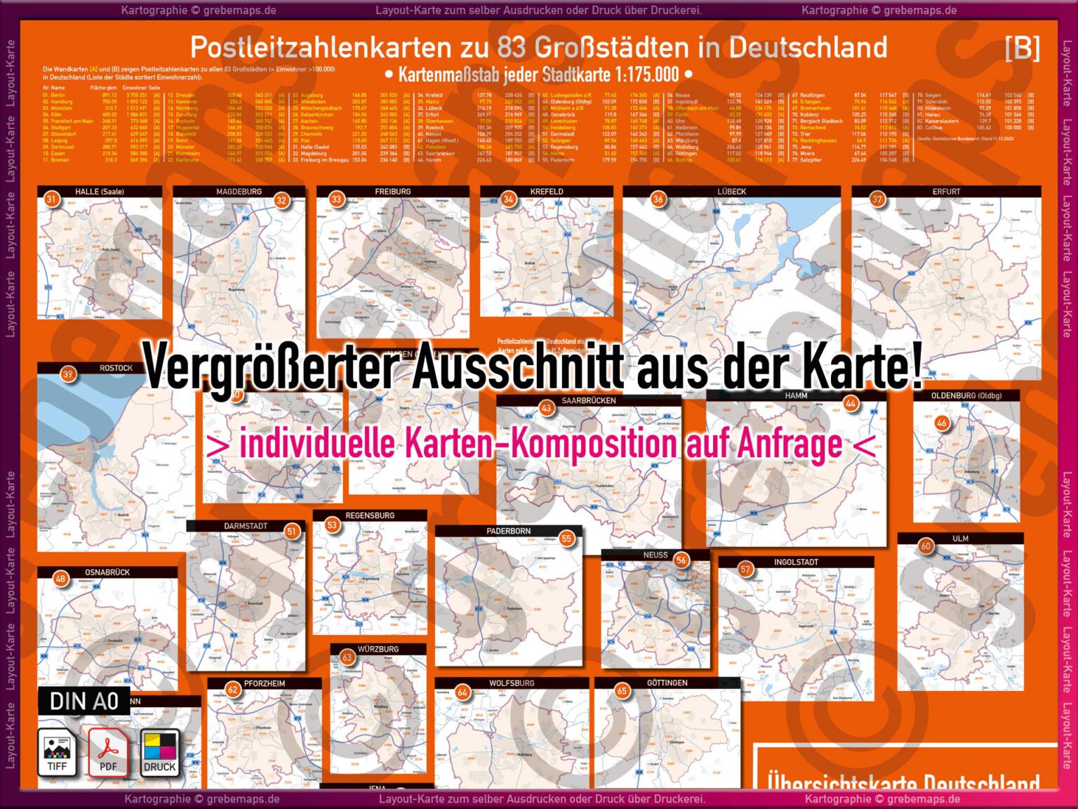 Deutschland Layout-Karte Postleitzahlenkarten zu 83 Großstädten PLZ 5 ...