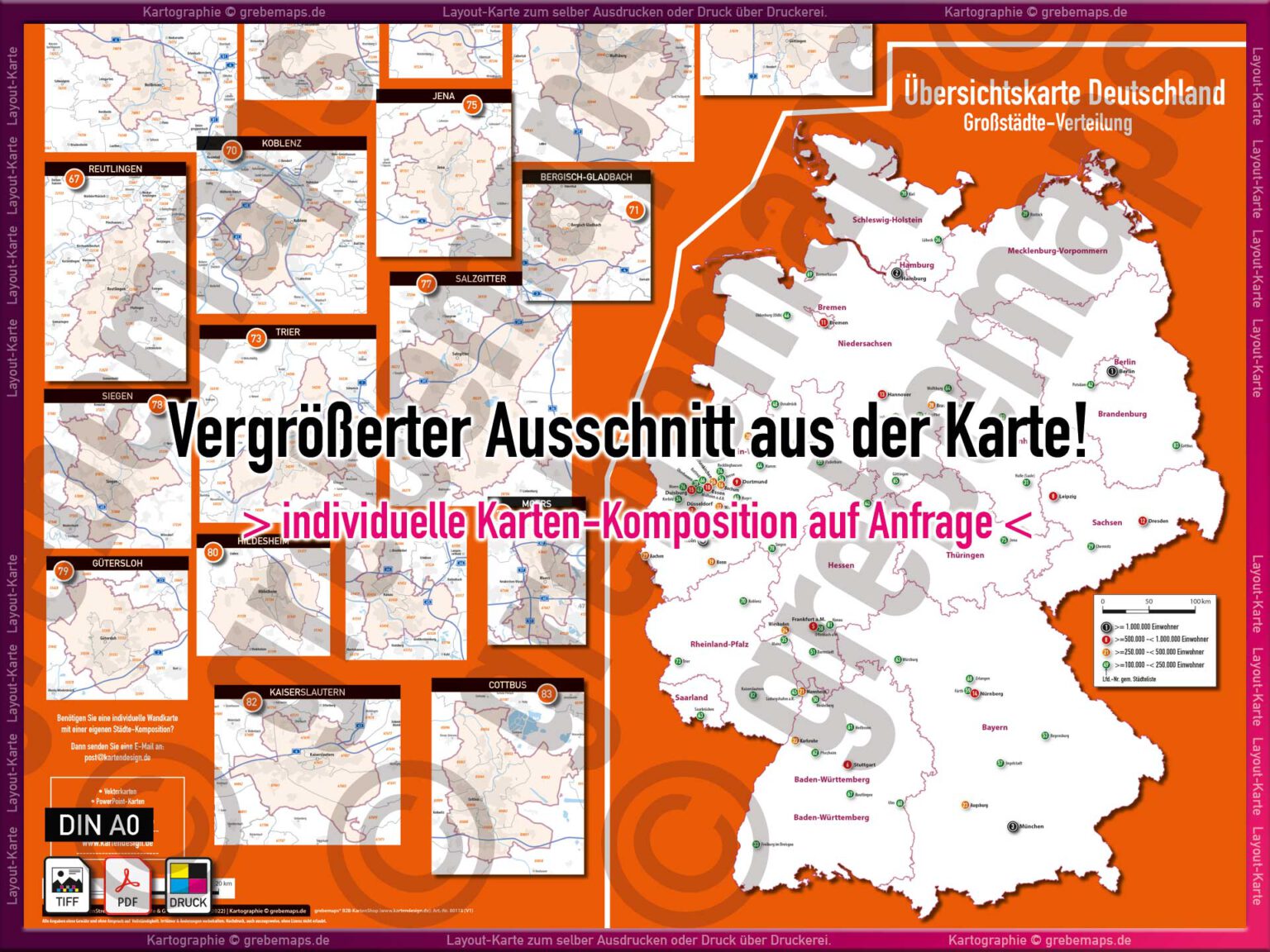 Deutschland Layout-Karte Postleitzahlenkarten zu 83 Großstädten PLZ 5 ...