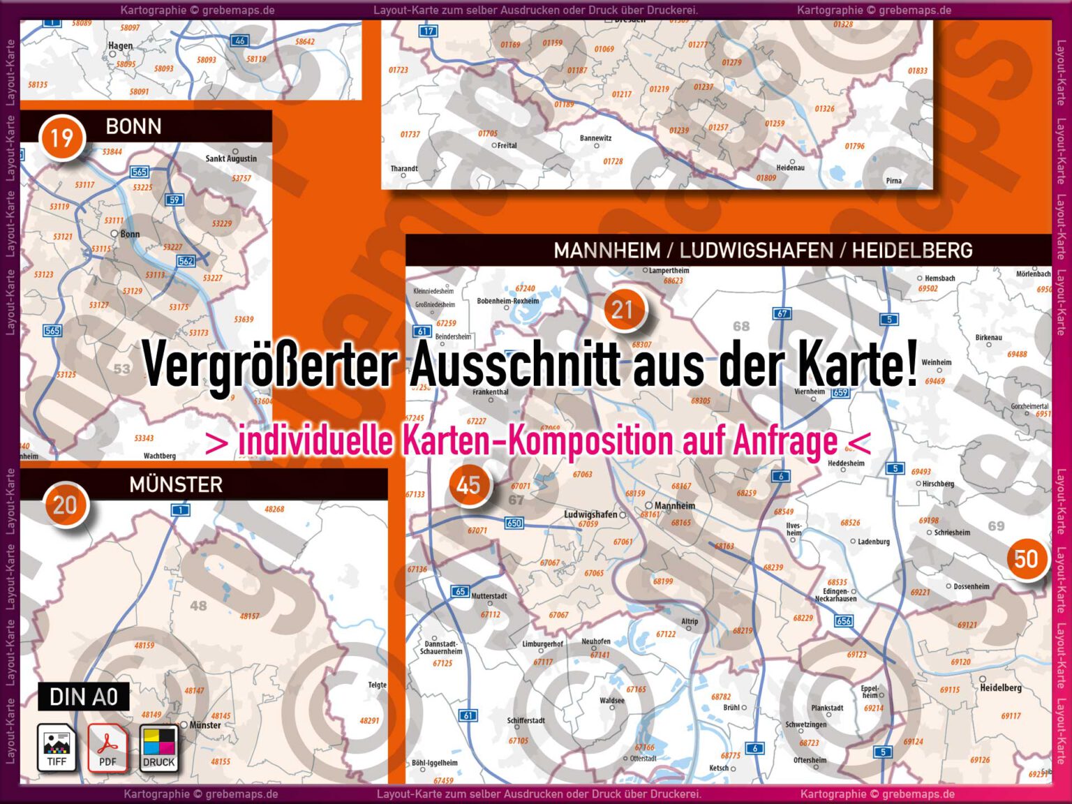Deutschland Layout-Karte Postleitzahlenkarten zu 83 Großstädten PLZ 5 ...